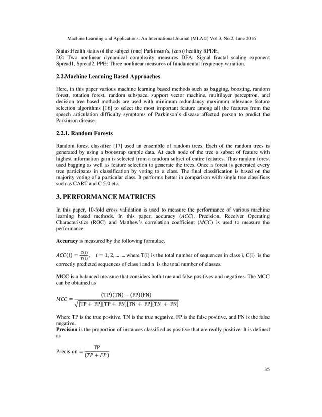 Machine Learning Based Approaches for Prediction of Parkinson's Disease | PDF