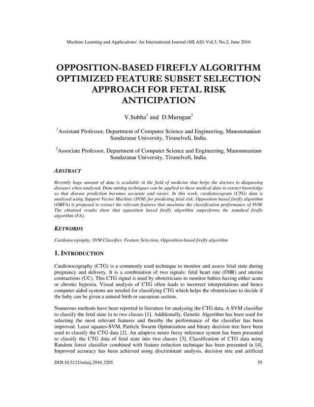 Opposition Based Firefly Algorithm Optimized Feature Subset Selection Approach For Fetal Risk