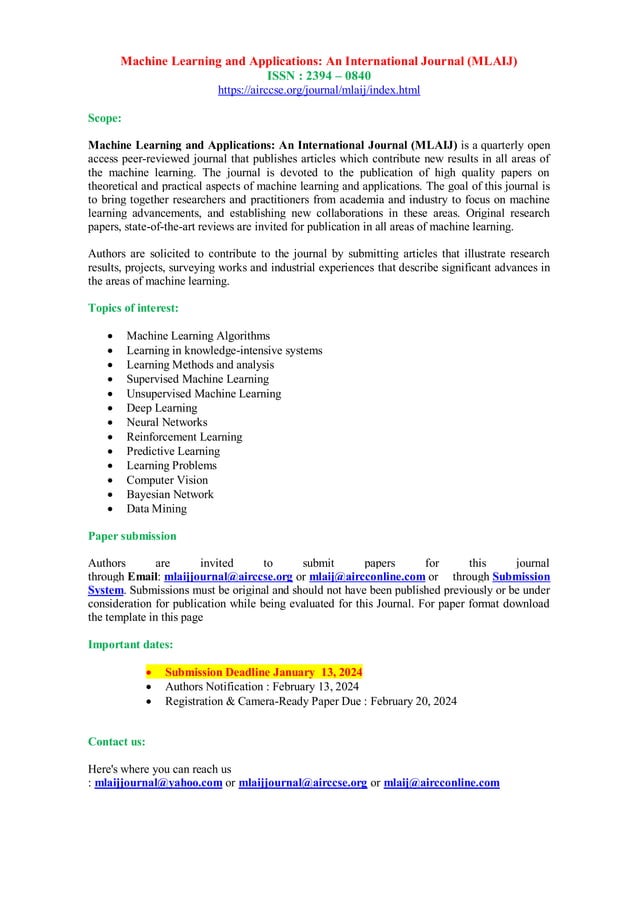 Machine Learning and Applications: An International Journal (MLAIJ) | PDF