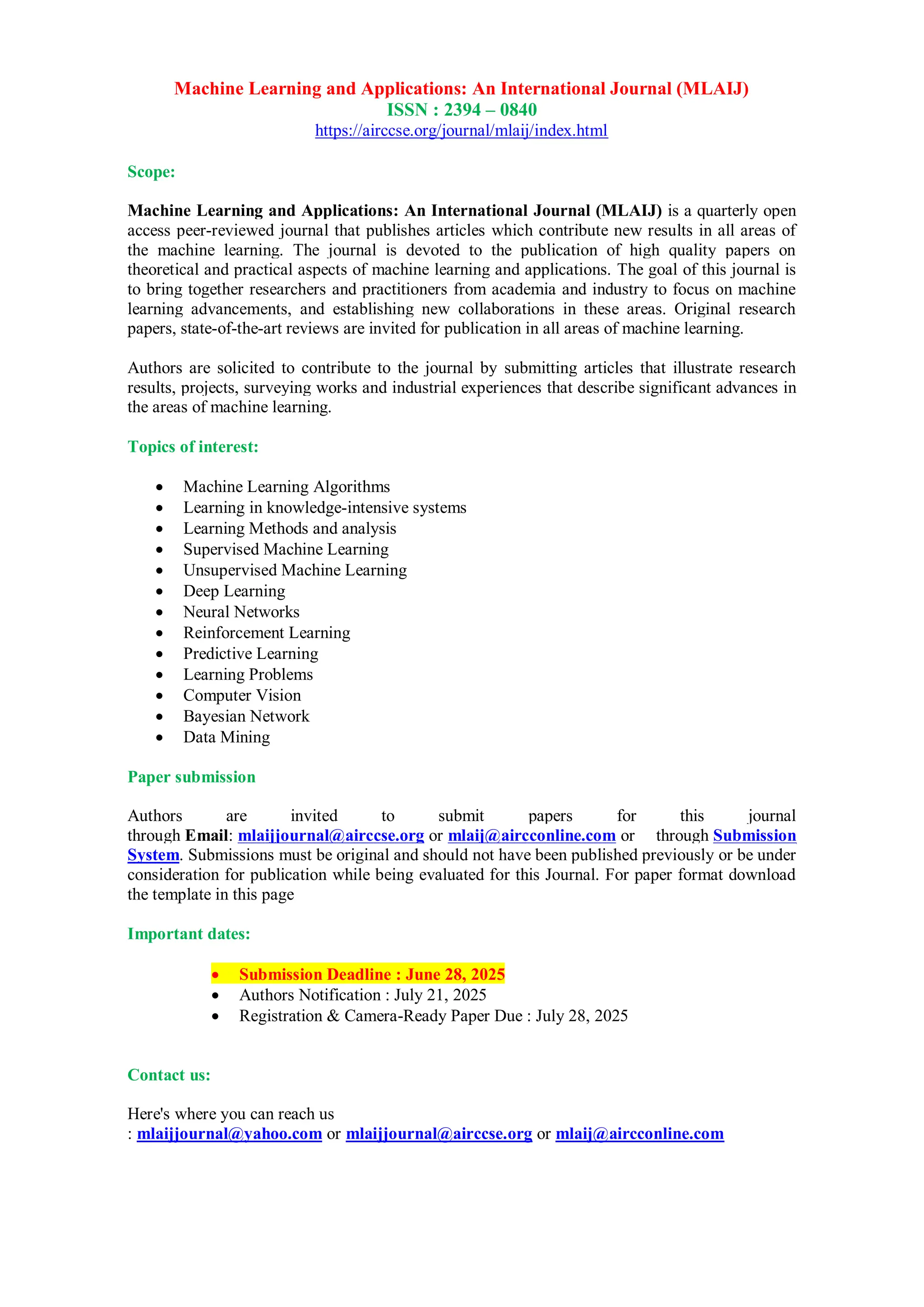 Machine Learning and Applications: An International Journal (MLAIJ) – H- Index -14 | PDF