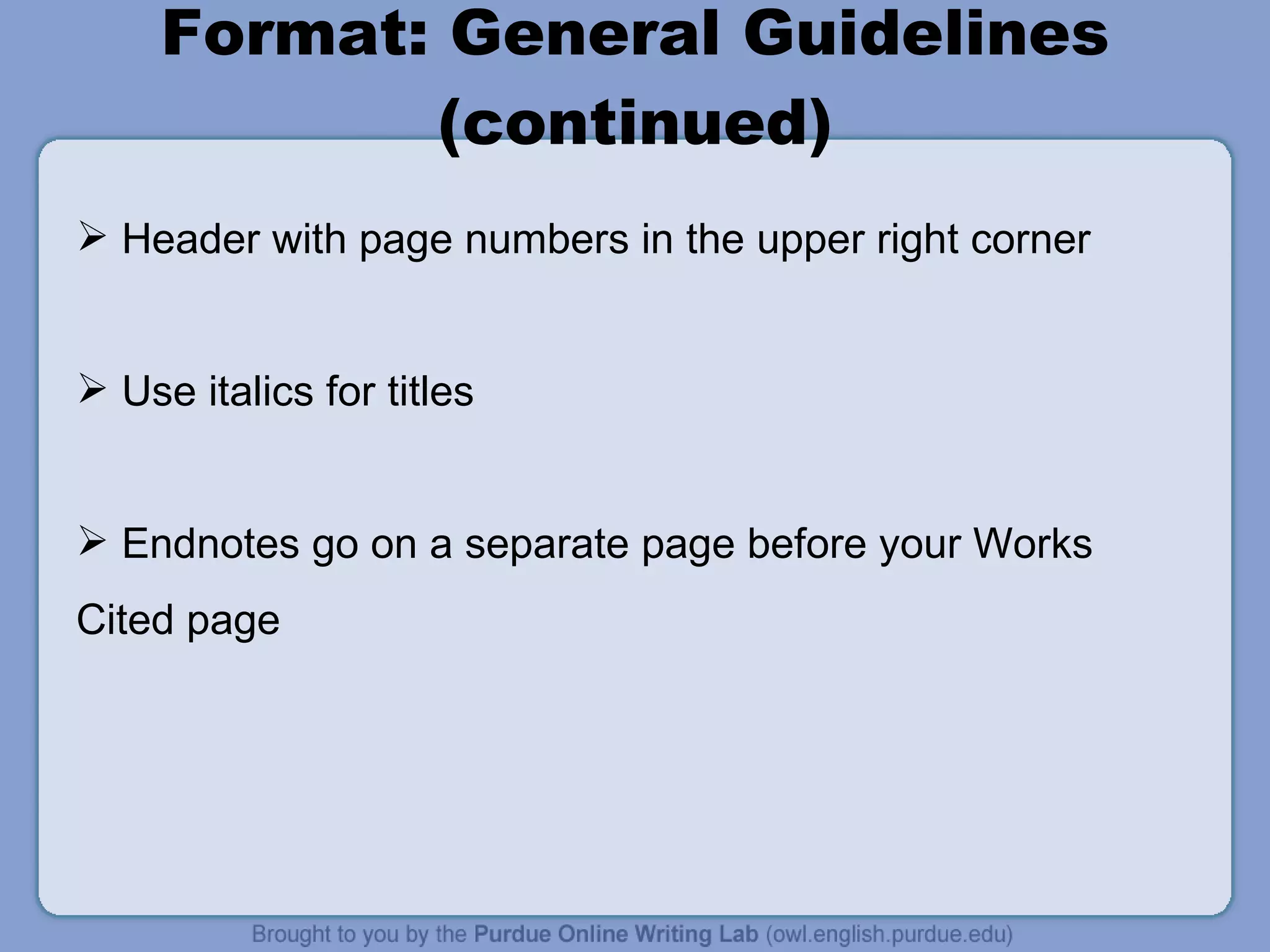The OWL MLA Formatting Power Point | PPT