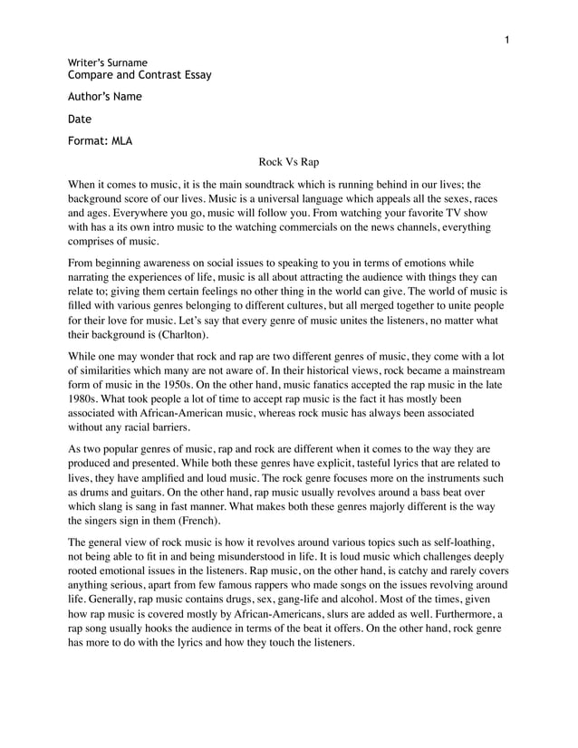 MLA Sample of Compare and Contrast essay on Rock vs Rap written by ...