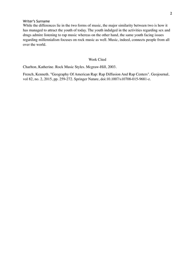 MLA Sample of Compare and Contrast essay on Rock vs Rap written by ...