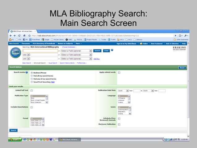 MLA (EBSCO) screenshots | PPT | Search | Internet