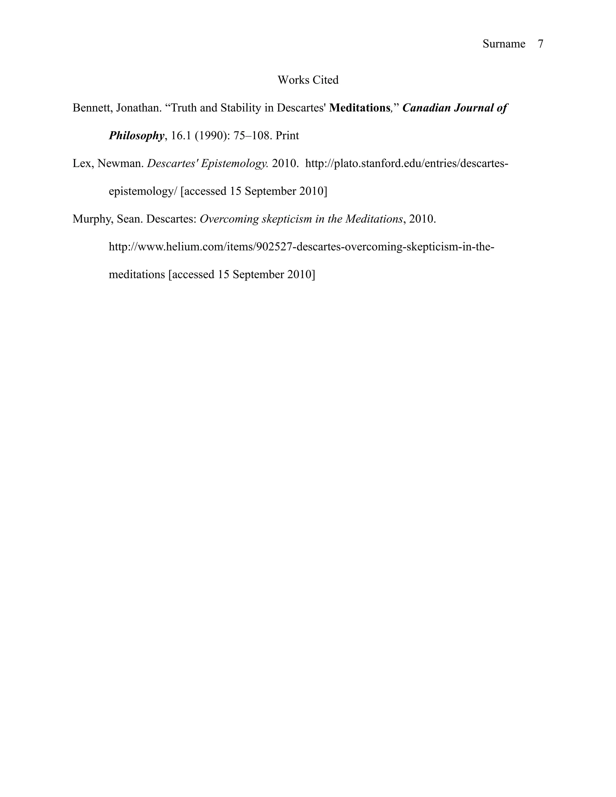 Mla style essay reflection on descartes | DOC