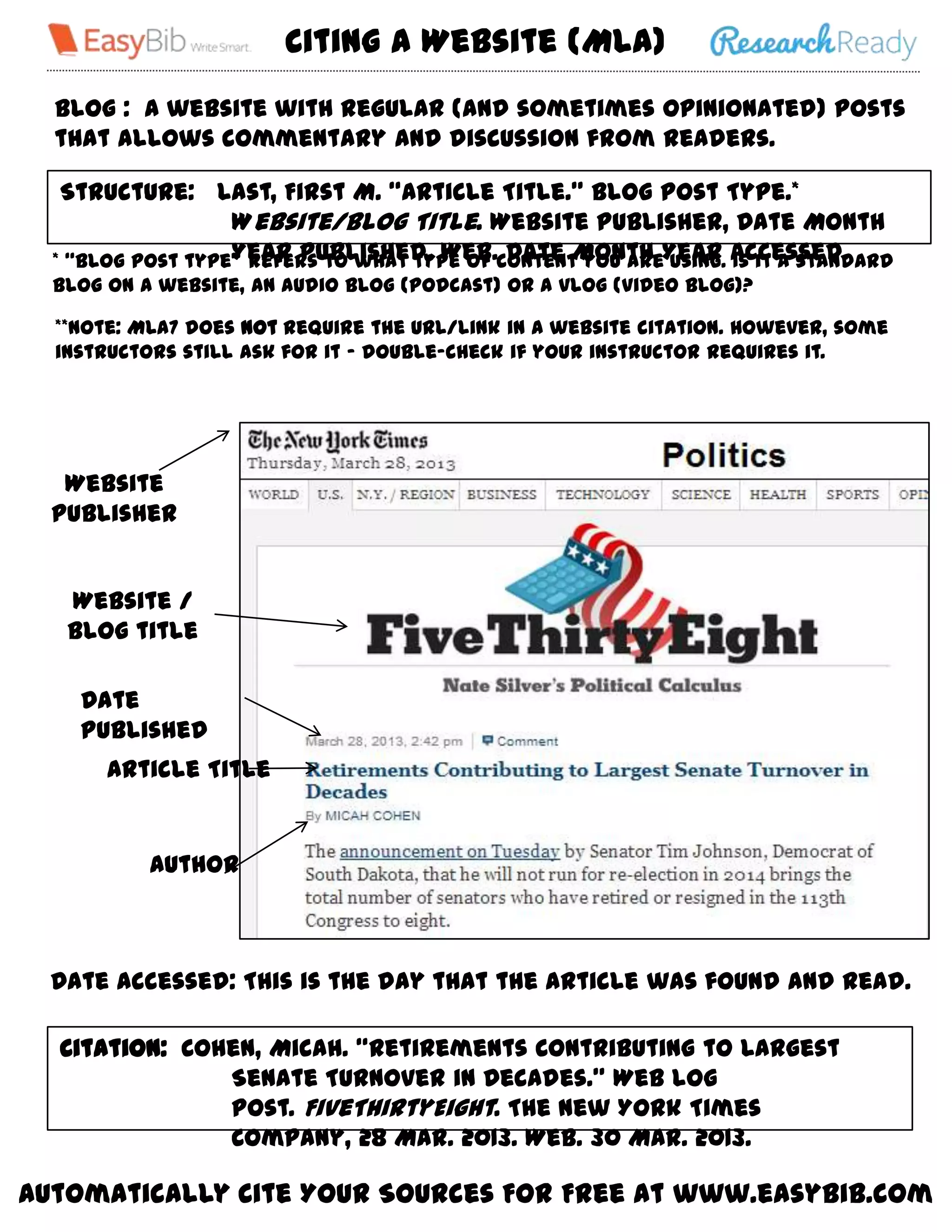 MLA 7 Visual Guide - Websites/Blogs | PDF