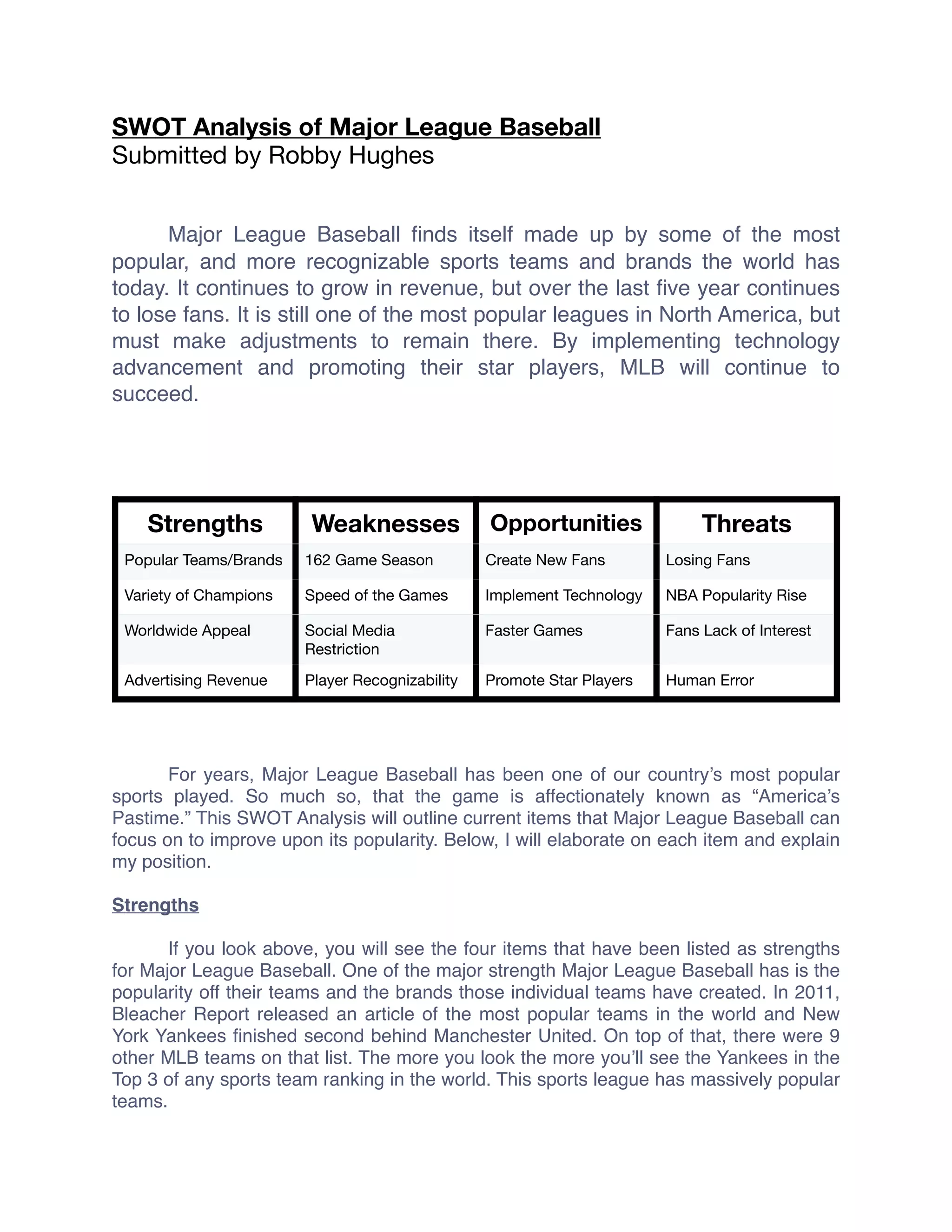 MLB SWOT Analysis | PDF