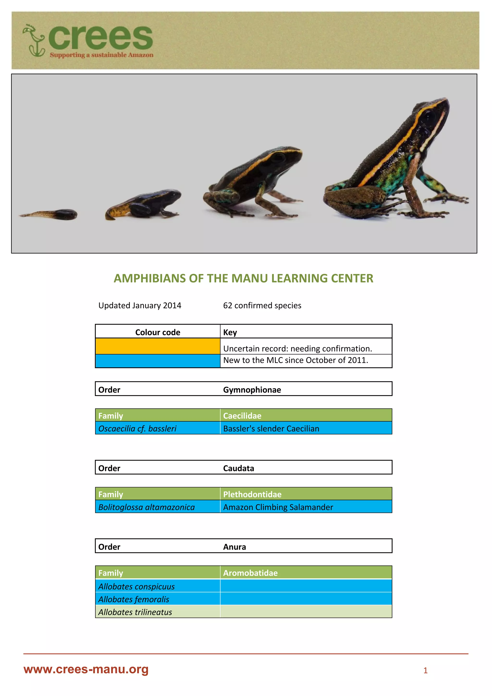 Manu Learning Centre - Amphibian species list 2014 | PDF