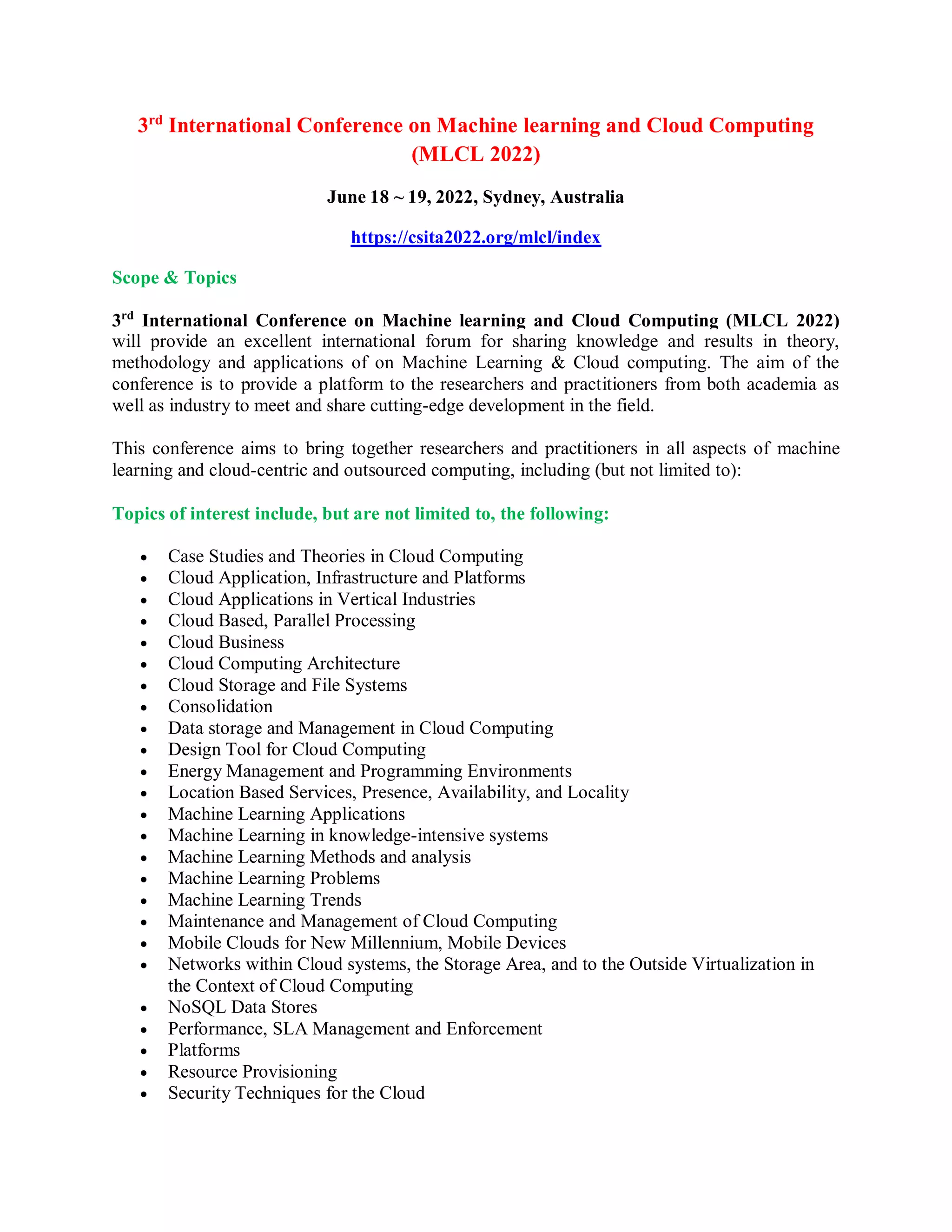 Call for Paper - 3rd International Conference on Machine learning and ...