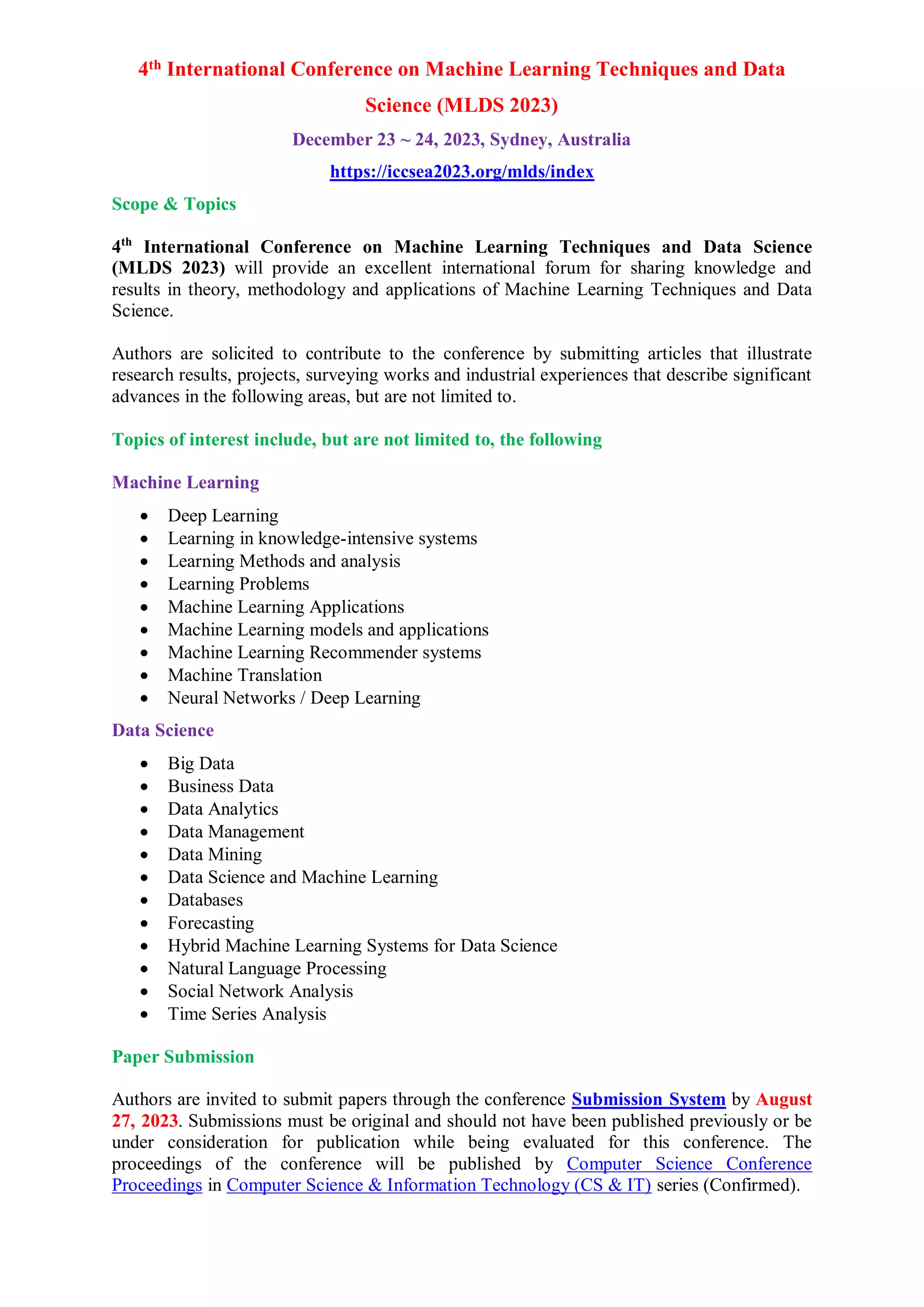 4 th International Conference on Machine Learning Techniques and Data Science (MLDS 2023) | PDF ...