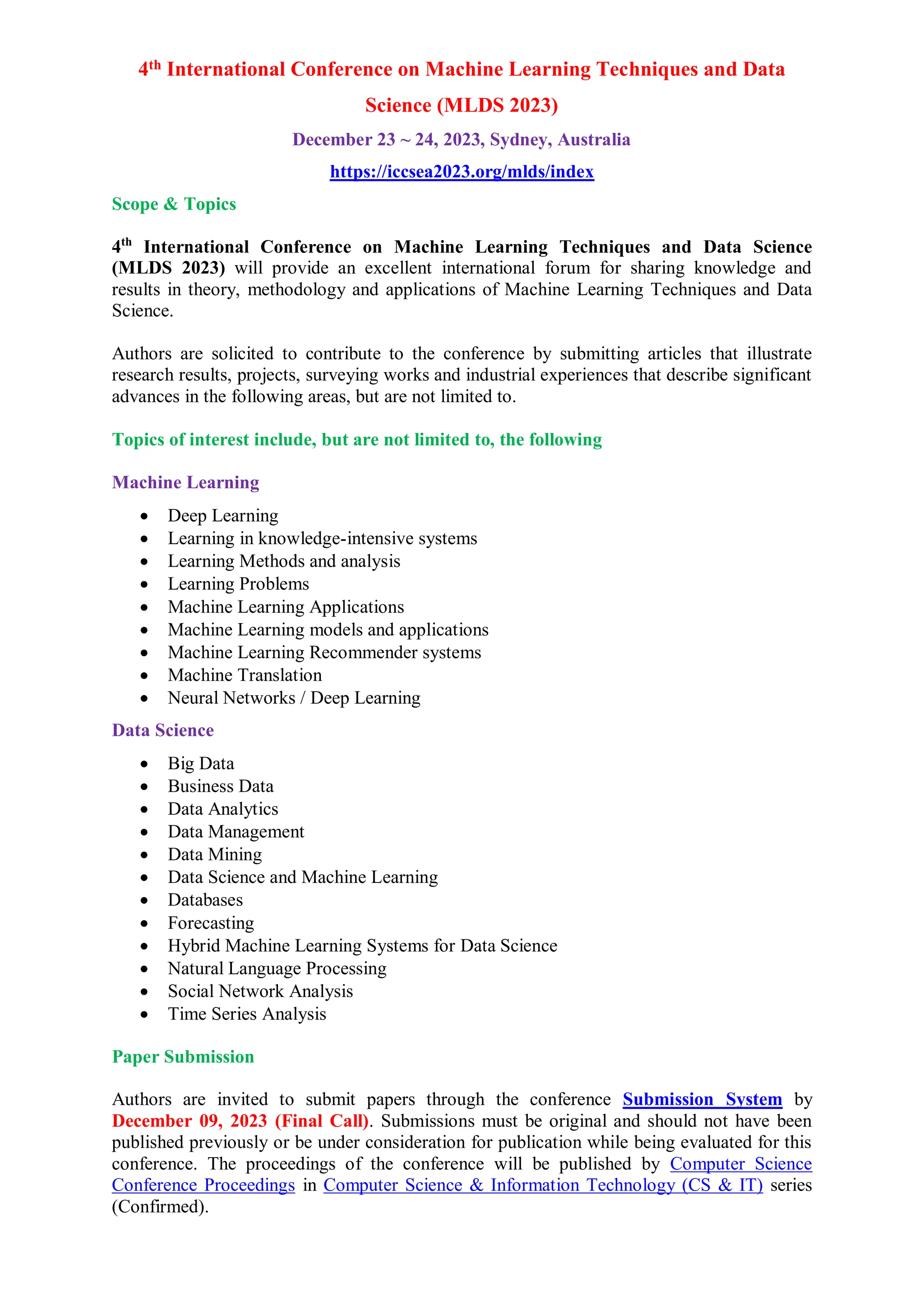 4th International Conference on Machine Learning Techniques and Data Science (MLDS 2023) | PDF