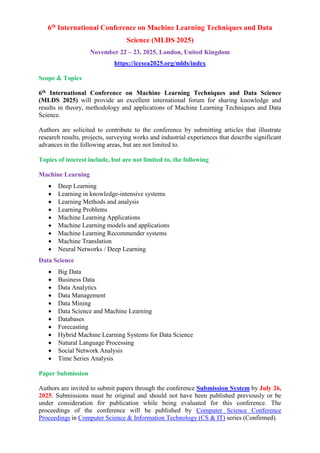 6th International Conference on Machine Learning Techniques and Data ...