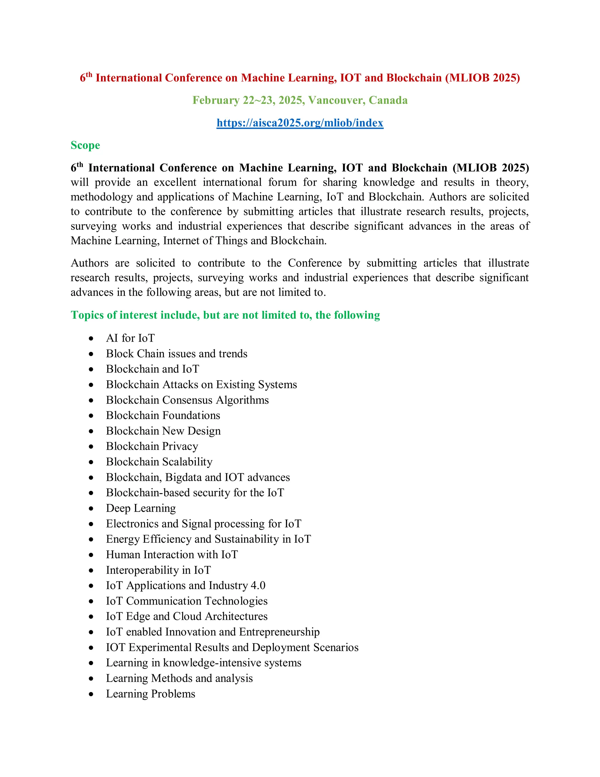 6th International Conference on Machine Learning, IOT and Blockchain (MLIOB 2025) | PDF