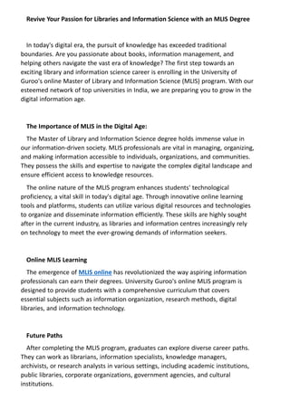 Revive Your Passion for Libraries and Information Science with an MLIS ...