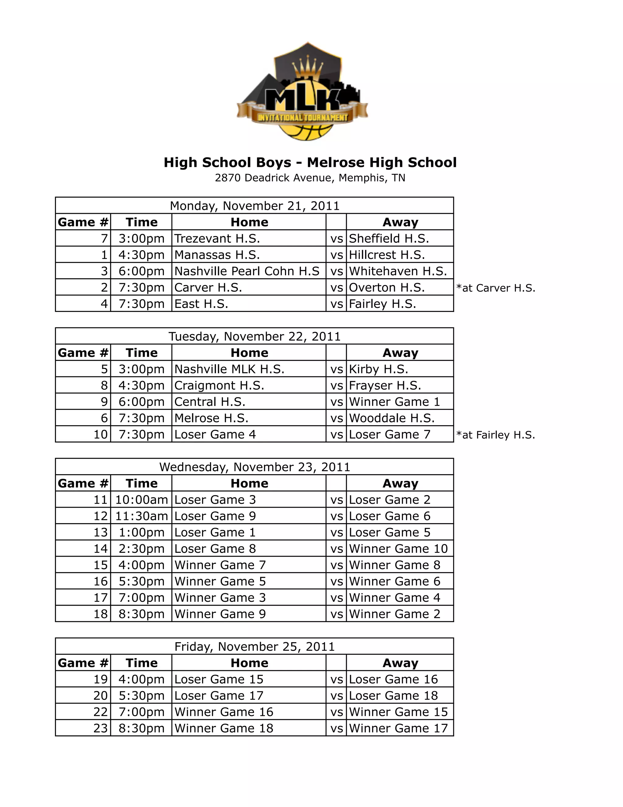MLK Tournament Schedule | PDF