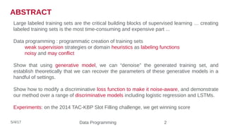 Data Programming: Creating Large Datasets, Quickly -- Presented at JPL MLRG | PPT