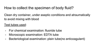 Examination of Body Fluids - Pathology - MLT, ATOT, RDT | PPTX