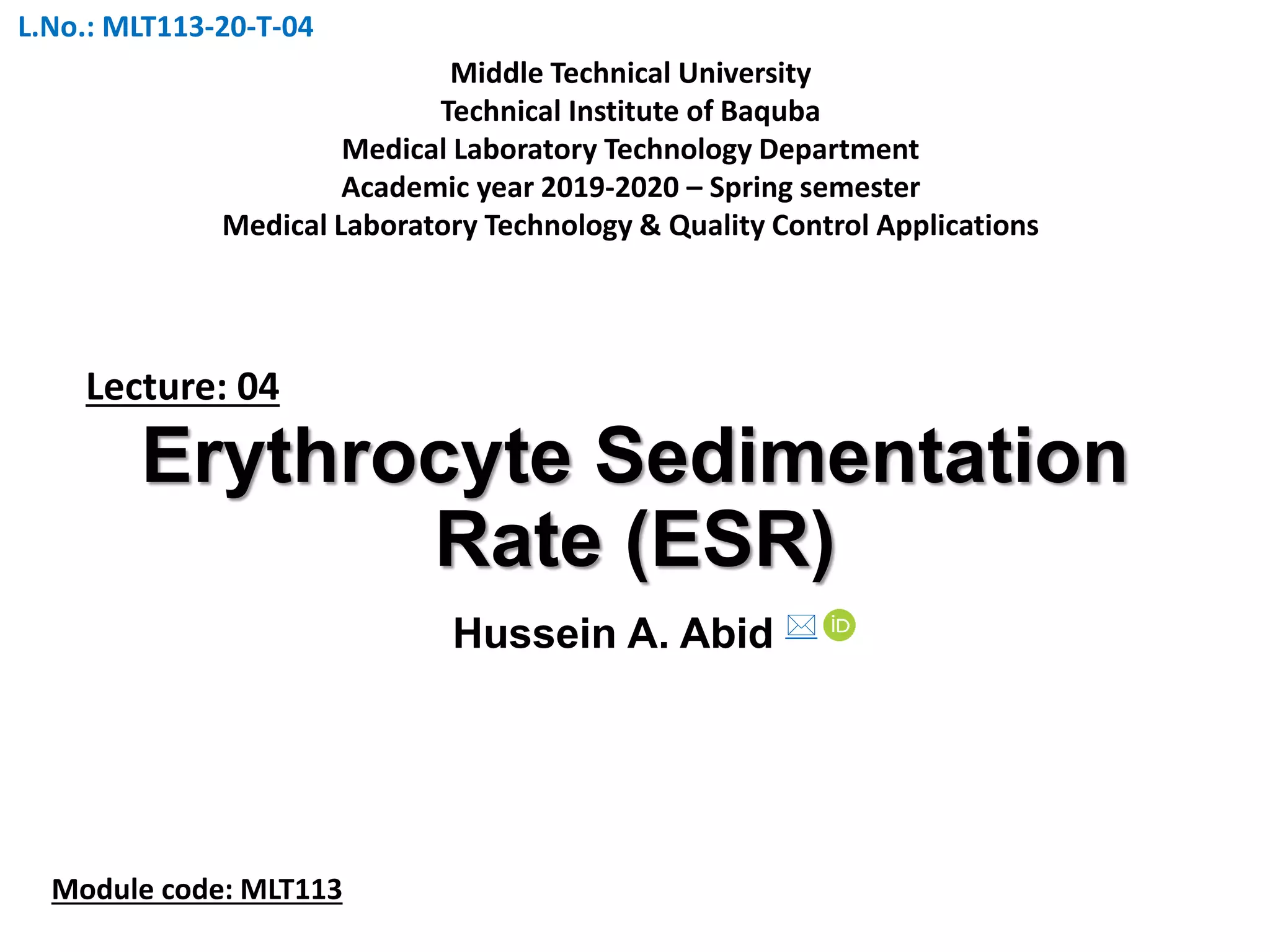 Erythrocyte Sedimentation Rate (ESR) | PDF