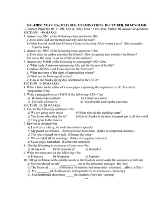 MLT First year perivious question papers | DOC
