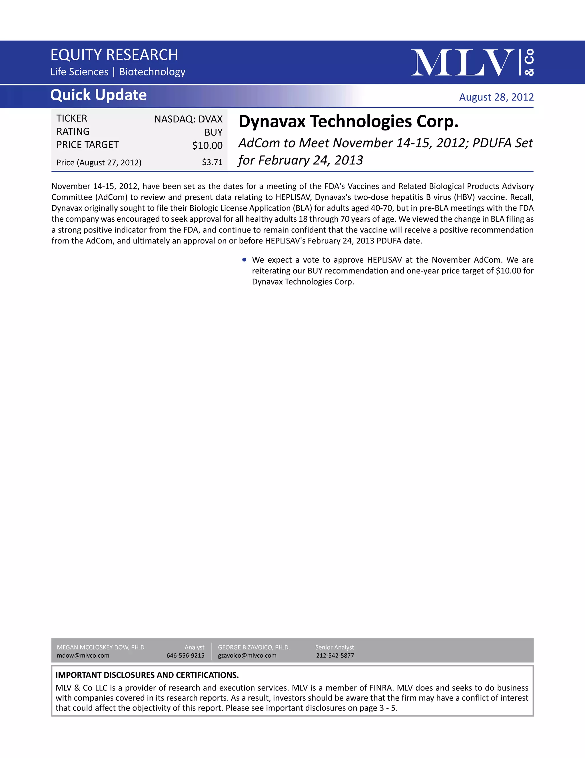 Mlv report on dvax | PDF
