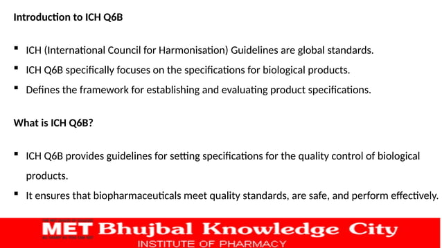 Developing specifications in ICH Q6B guidelines. | PPTX