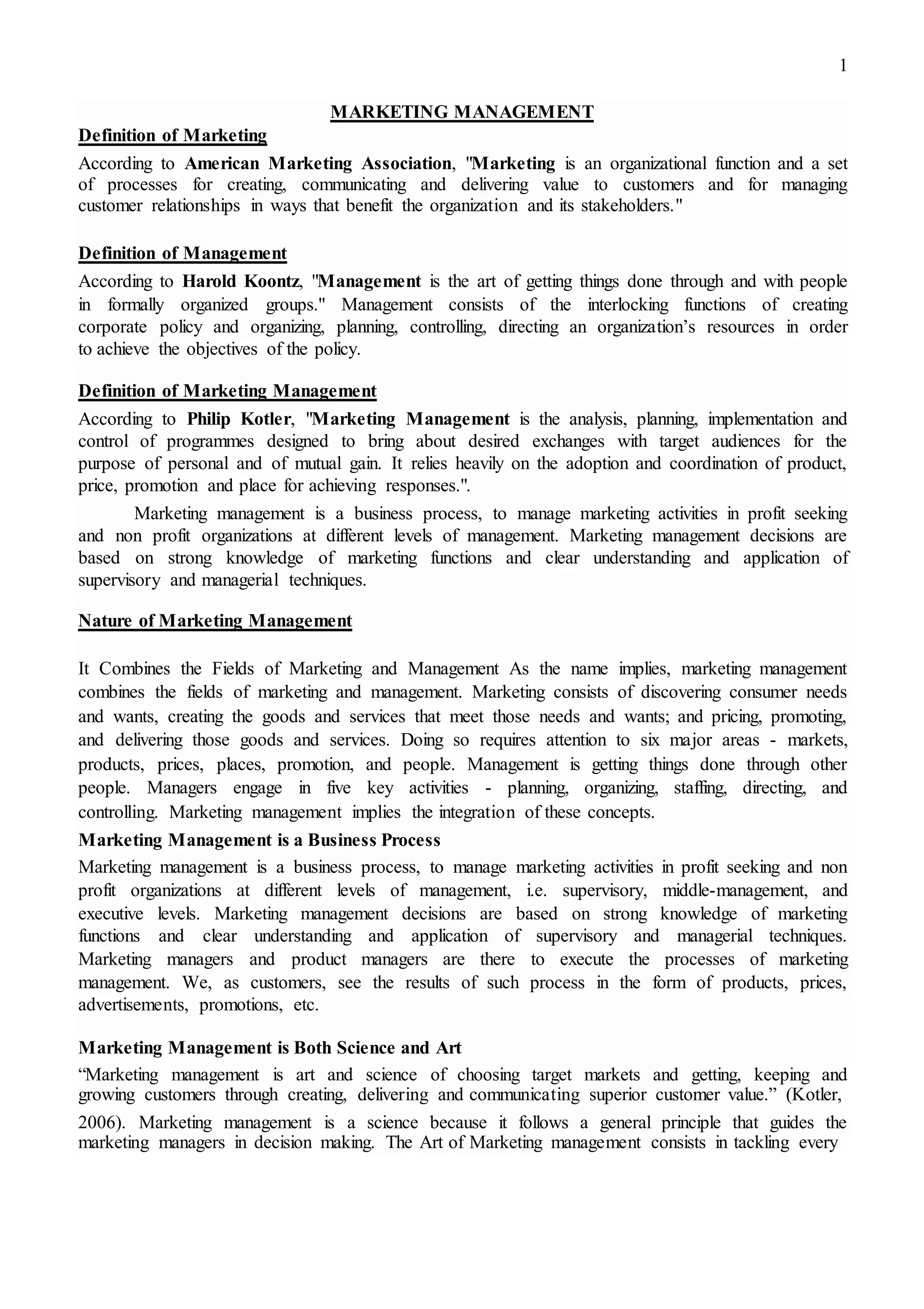Marketing Management Notes | DOCX