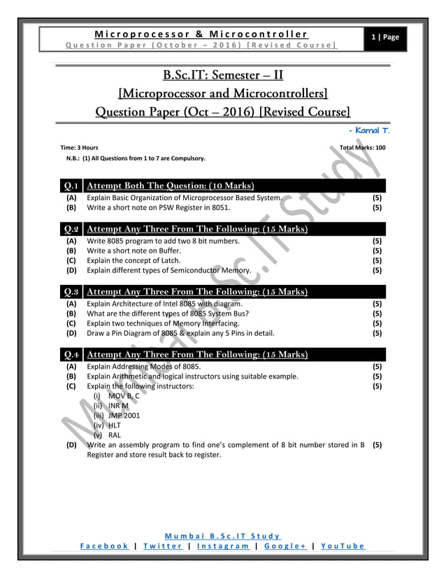 [Question Paper] Microprocessor and Microcontrollers (Revised Course) [October / 2016] | PDF
