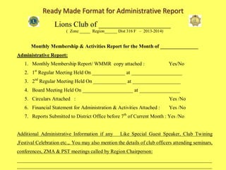 Lions club : Monthly Membership & Service Activities Report to District ...