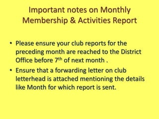 Lions club : Monthly Membership & Service Activities Report to District ...