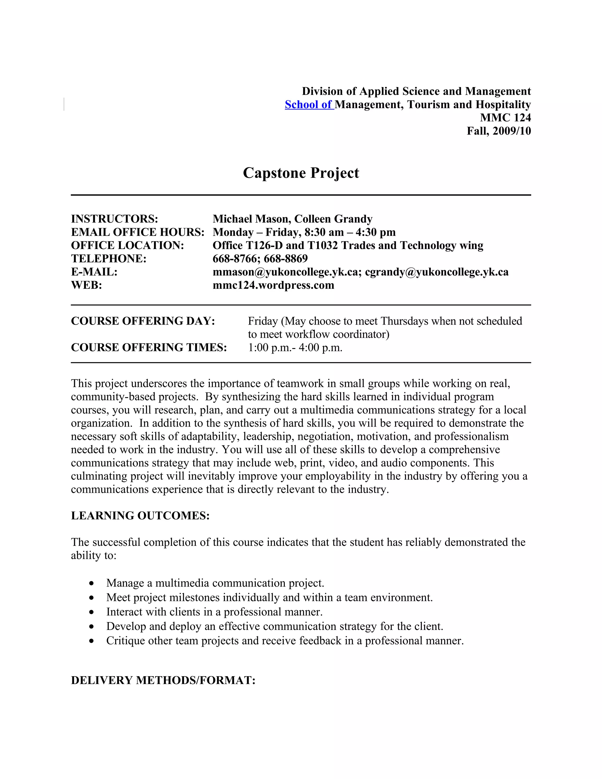 MMC124 Capstone Project Course Outline | DOC