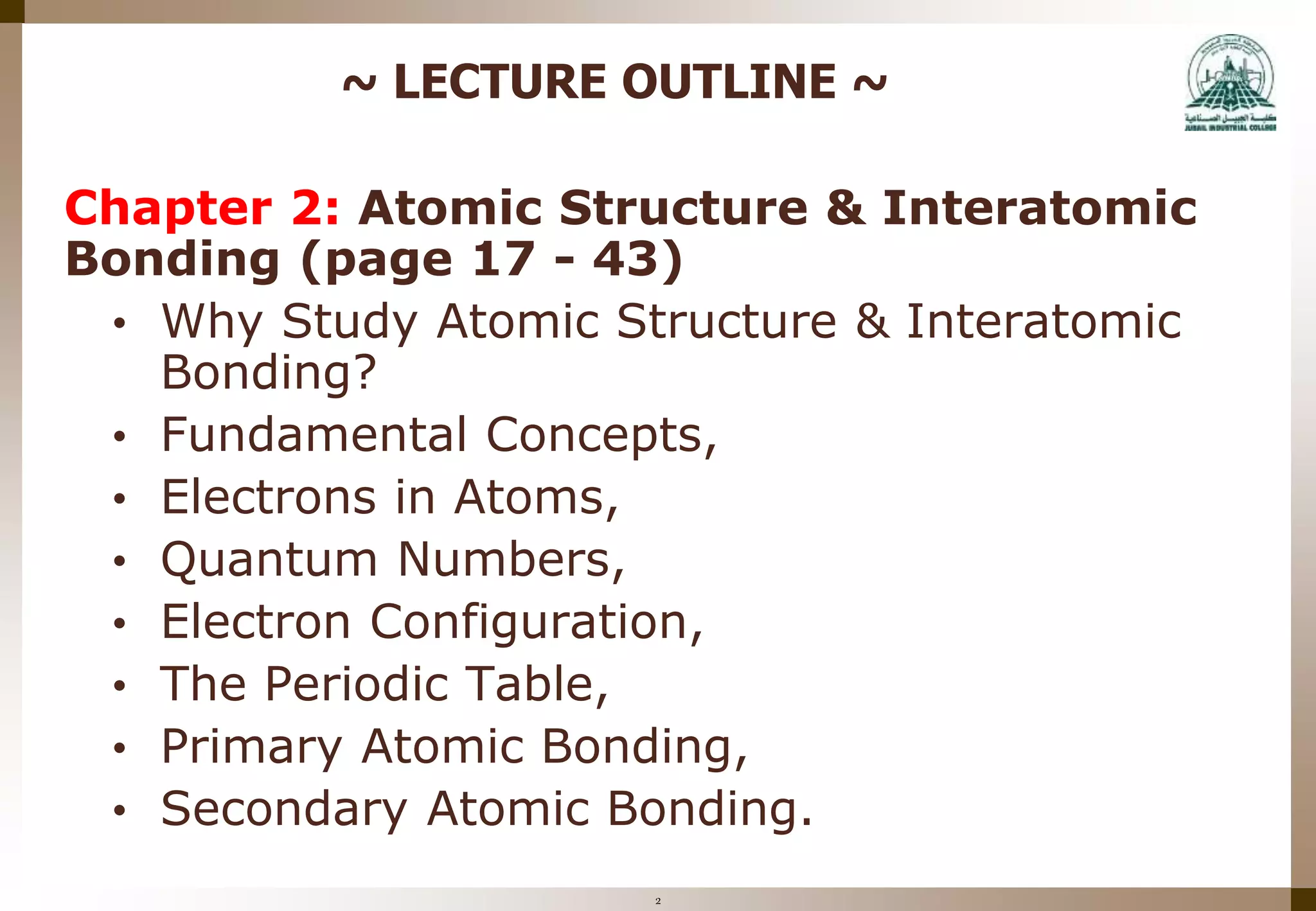 Mme 323 materials science week 2 - atomic structure & interatomic bonding | PPTX