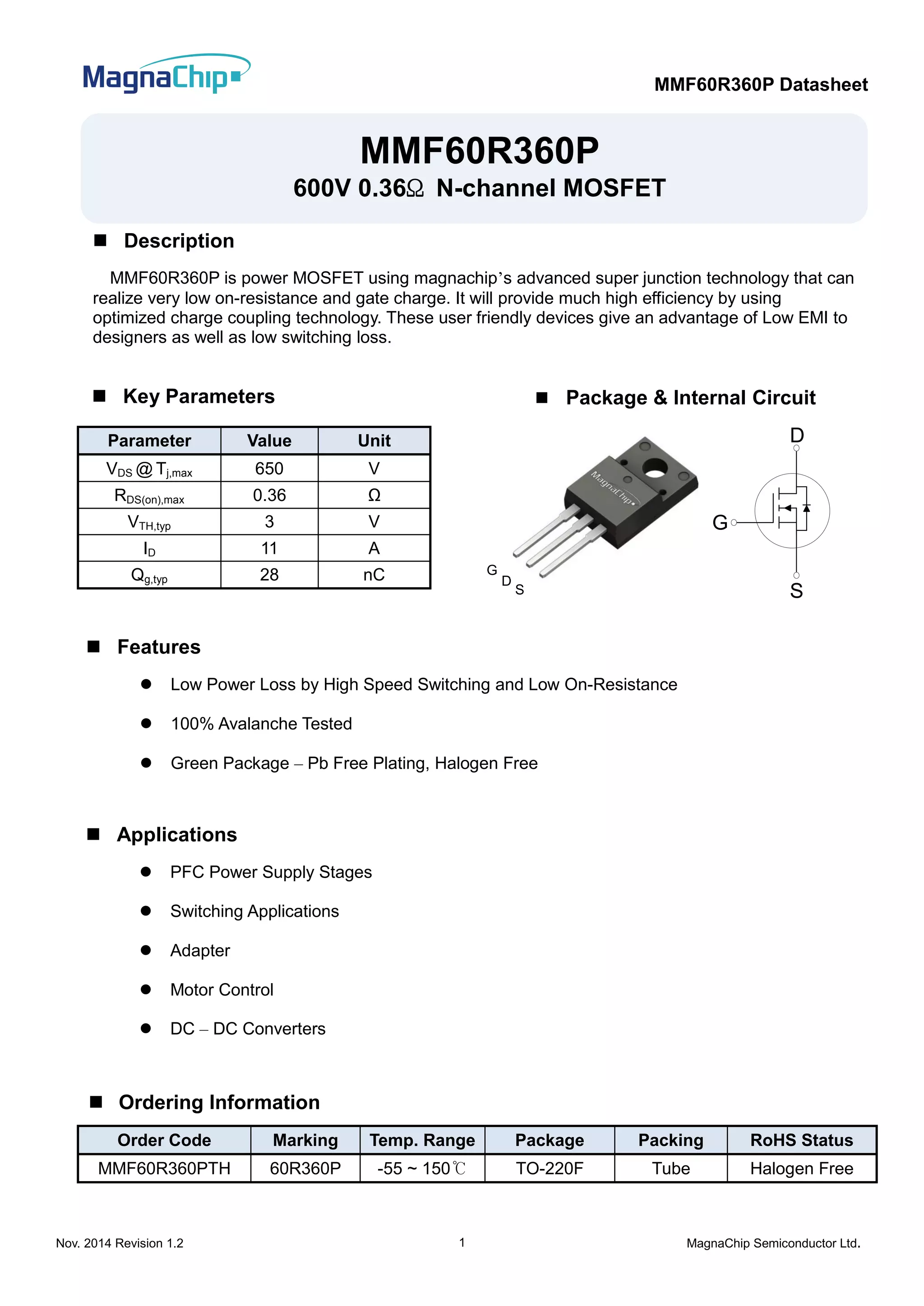 Original N-CHANNEL MOSFET MMF60R360PTH 60R360 11A 600V TO-220F New ...