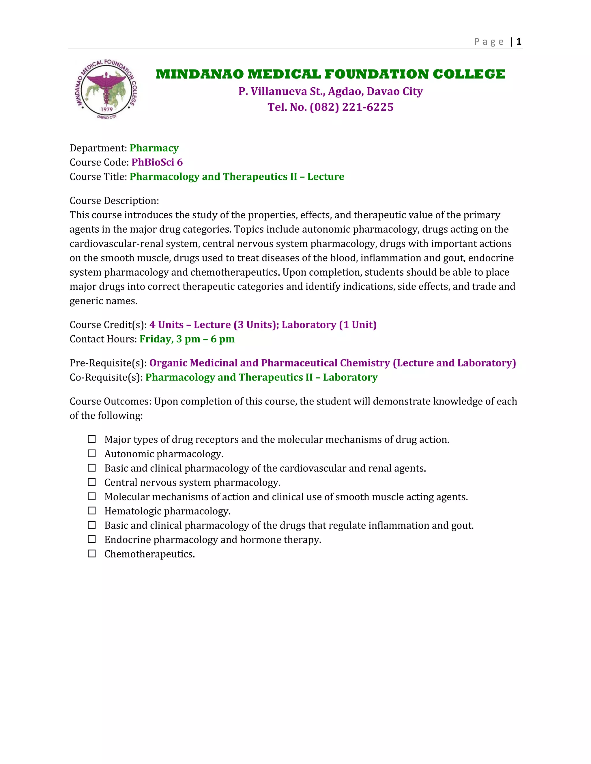 Pharmacology Course Outline | PDF