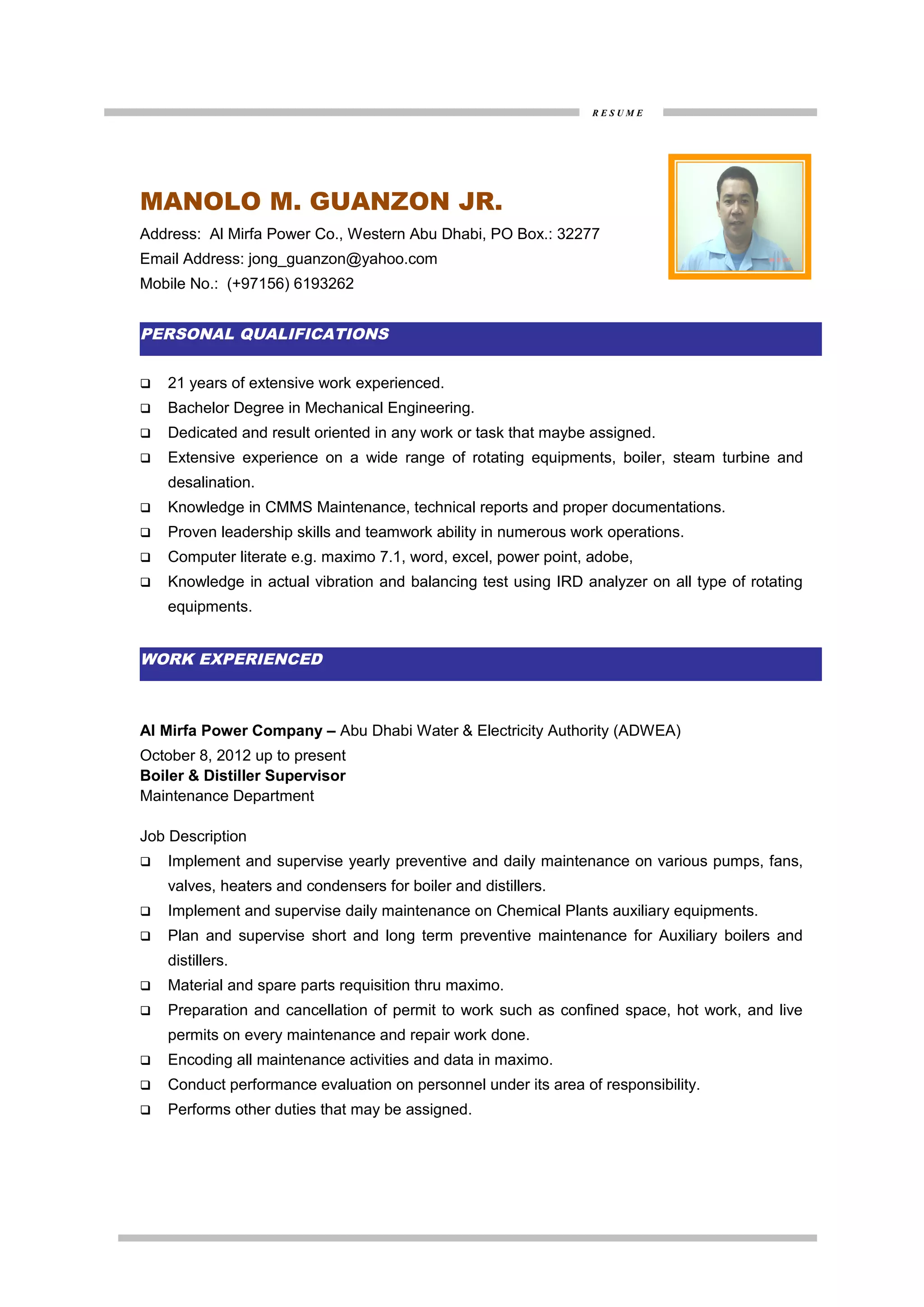 MM GUANZON, CV- MAINTENANCE ENGINEER | PDF