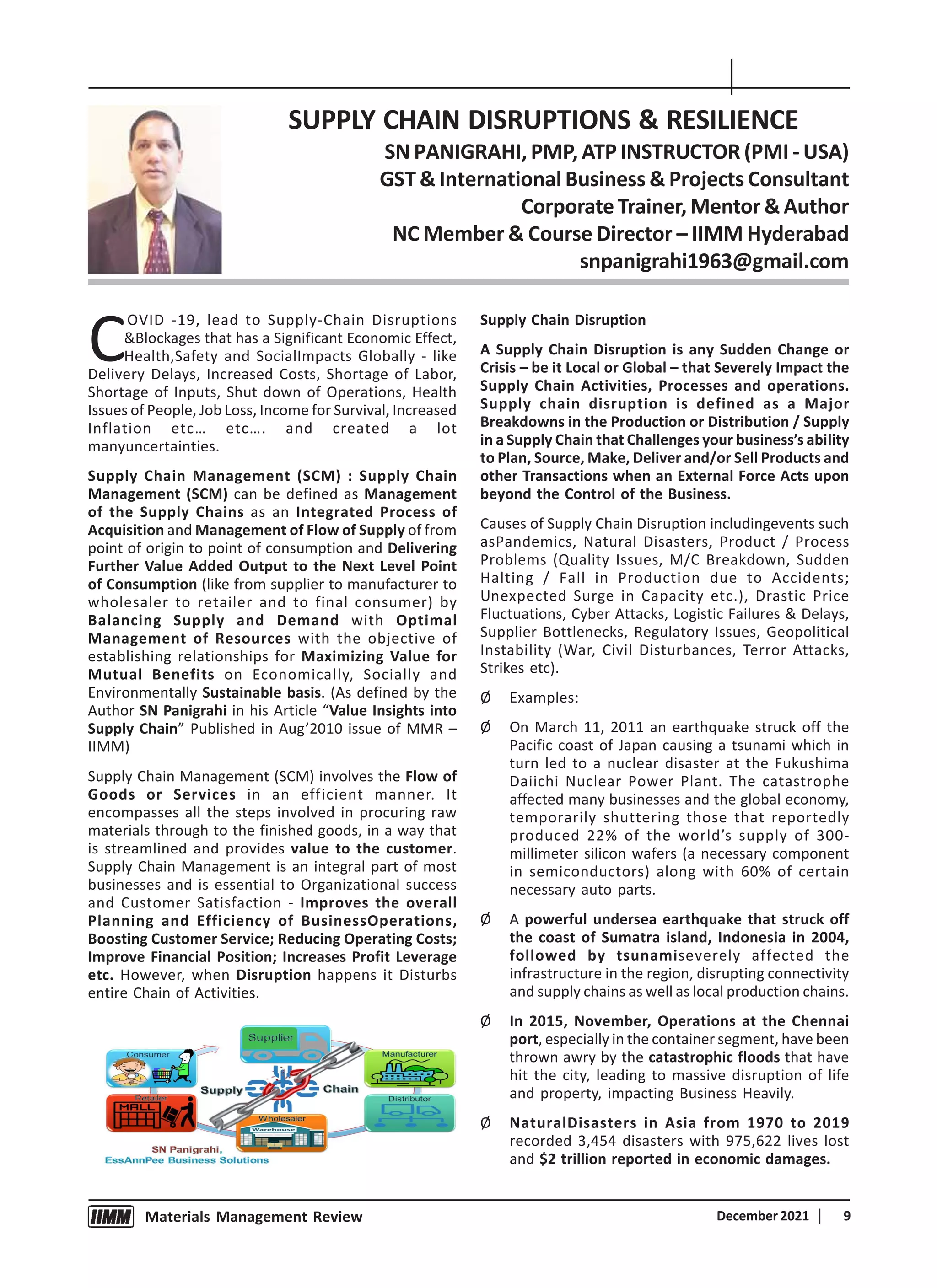 SUPPLY CHAIN DISRUPTIONS & RESILIENCE - By SN Panigrahi | PDF