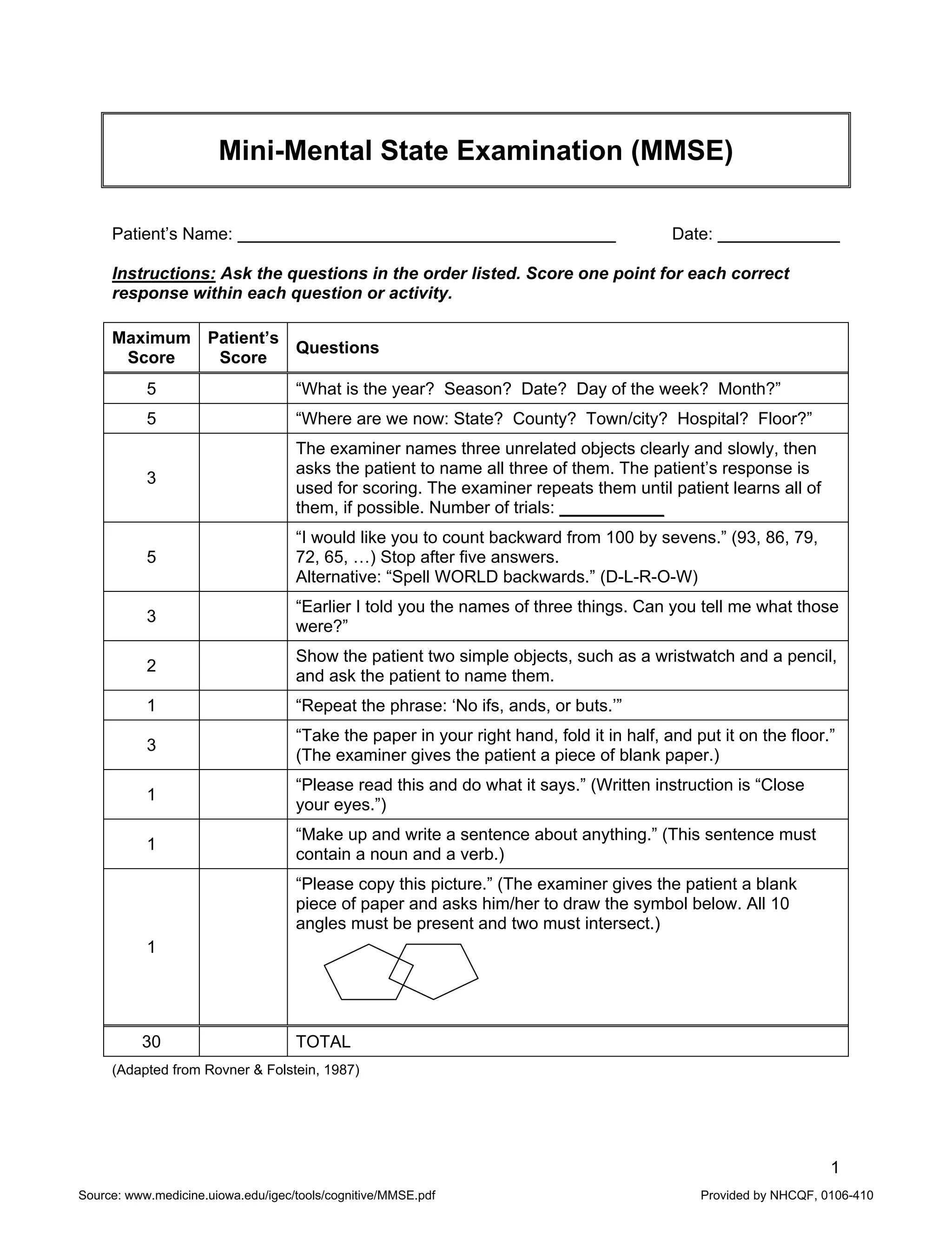 Mini-Mental State Examination | PDF