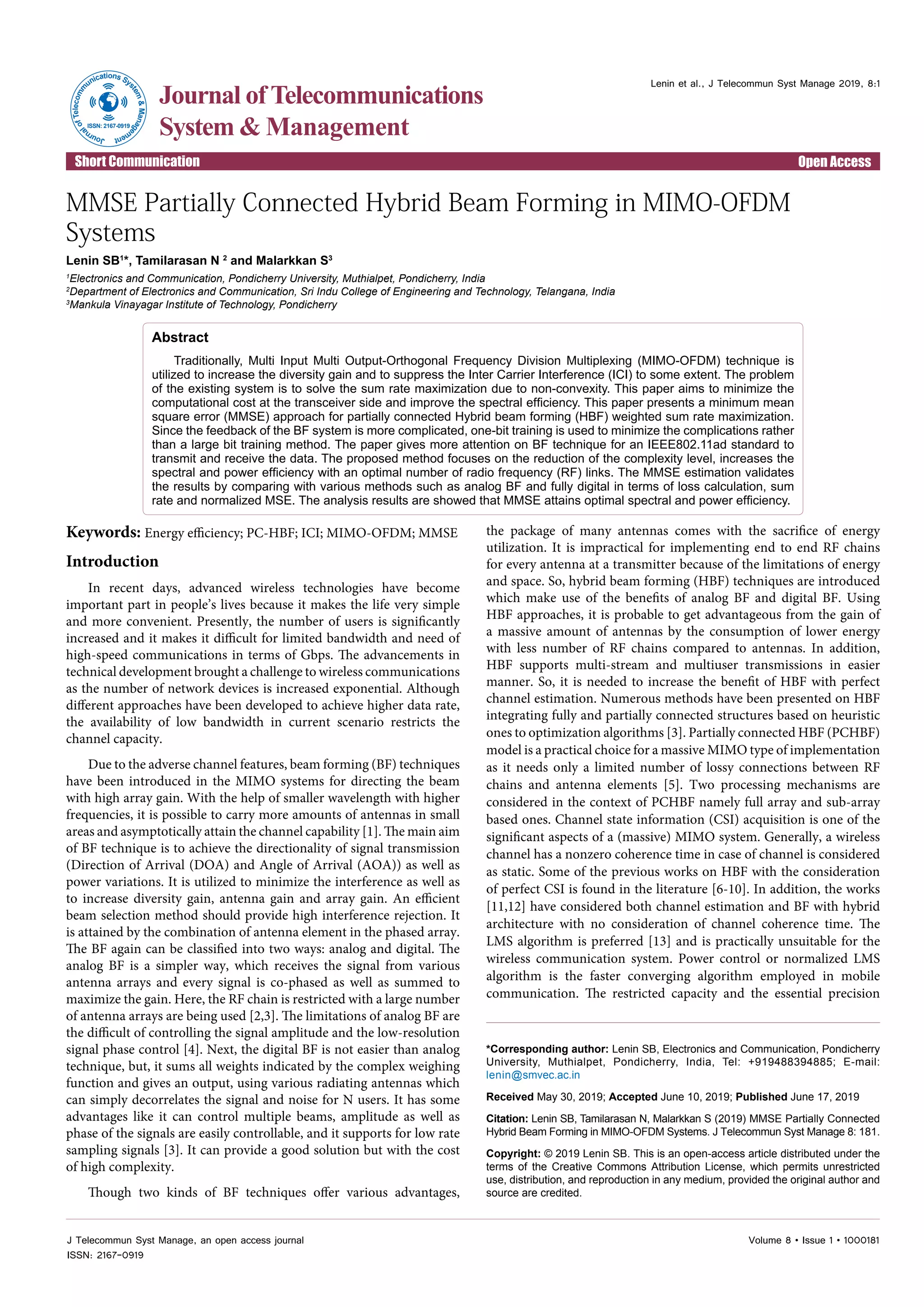 Mmse partially connected hybrid beam forming in mimo ofdm | PDF