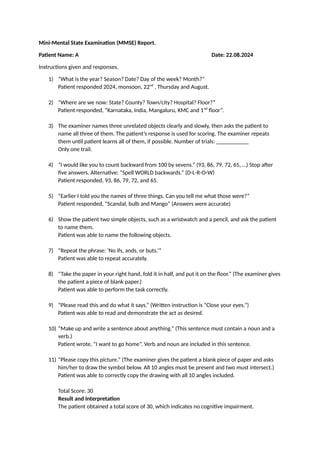 Mini Mental Status Examination Test Report | PDF