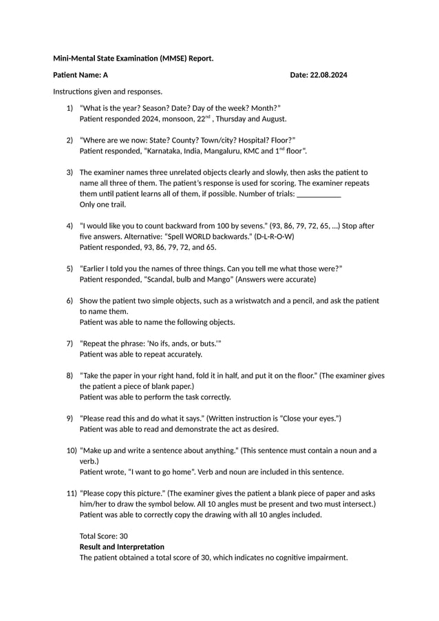 Mini Mental Status Examination Test Report | PDF