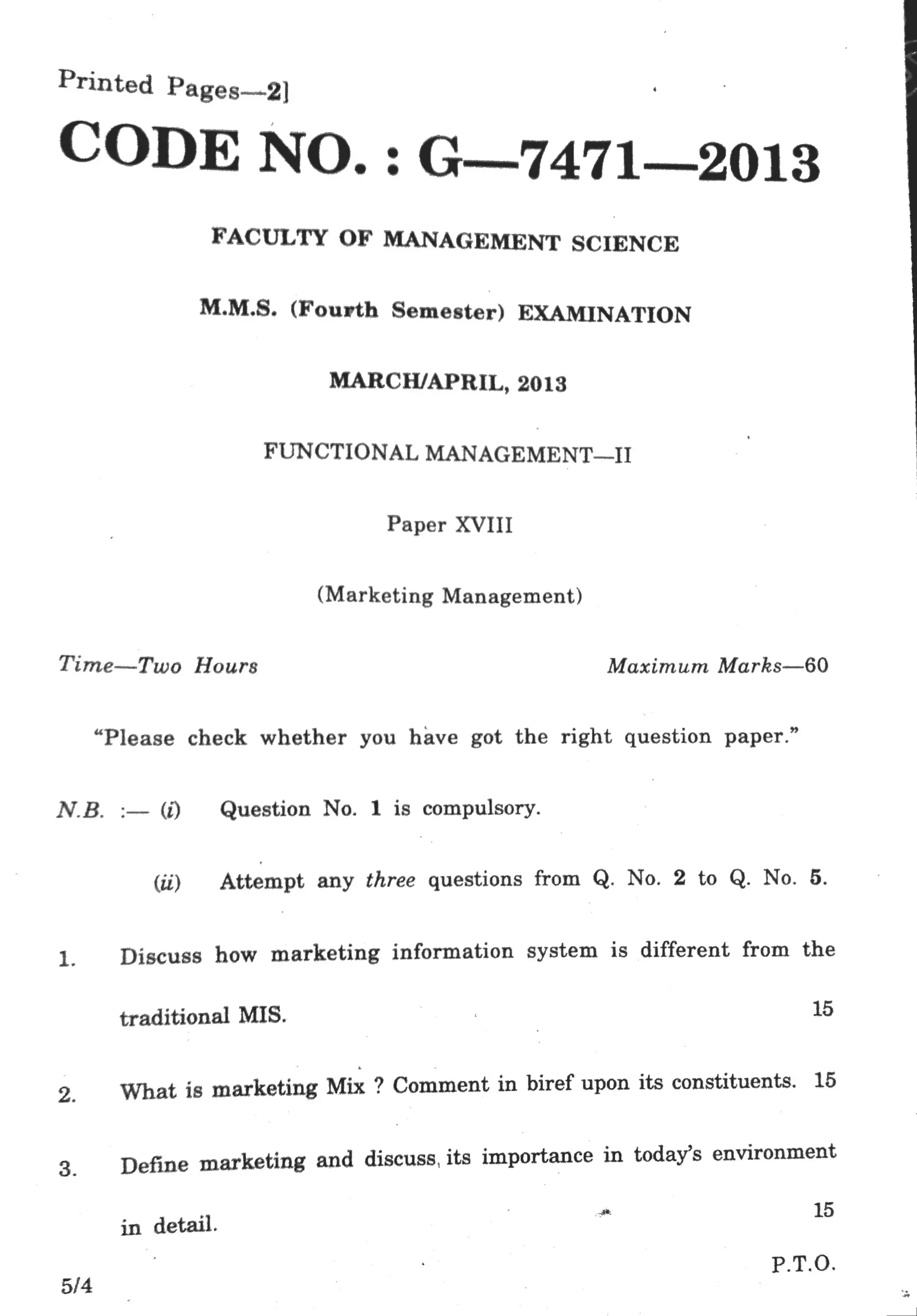 Functional Management Question paper Aurangabad MMS | PDF