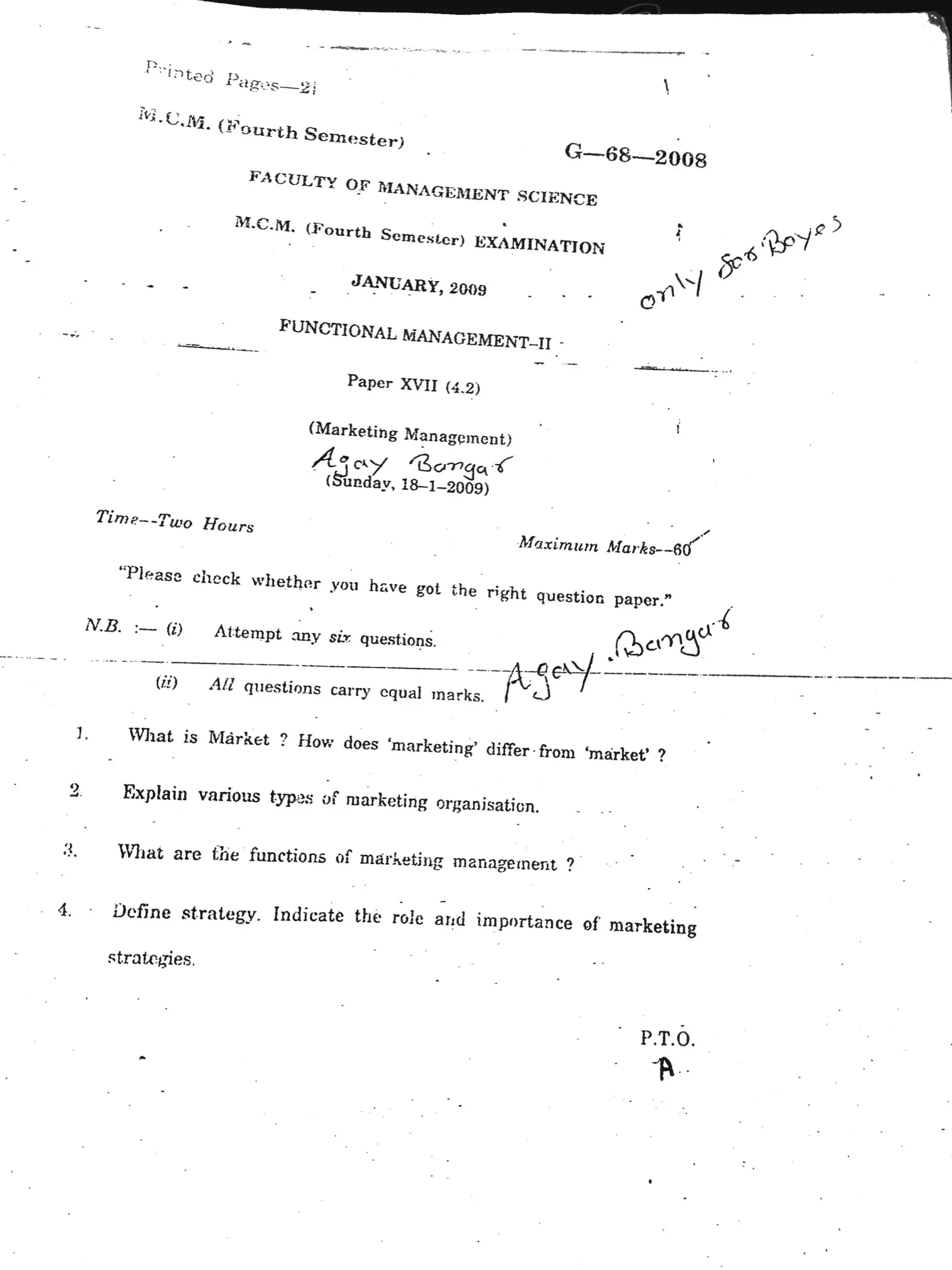 Functional Management Question paper Aurangabad MMS | PDF