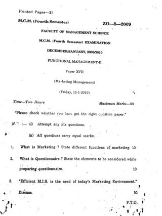 Functional Management Question paper Aurangabad MMS | PDF