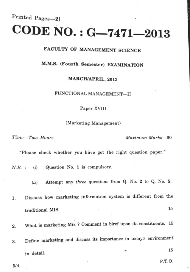 Functional Management Question paper Aurangabad MMS | PDF