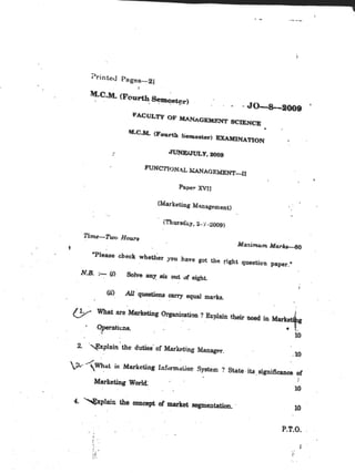 Functional Management Question paper Aurangabad MMS | PDF