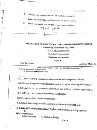 Functional Management Question paper Aurangabad MMS | PDF