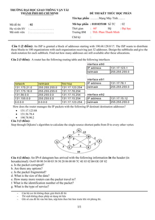 Đề thi cuối kì - HP Mạng máy tính - Năm 2018 - MD02 | PDF