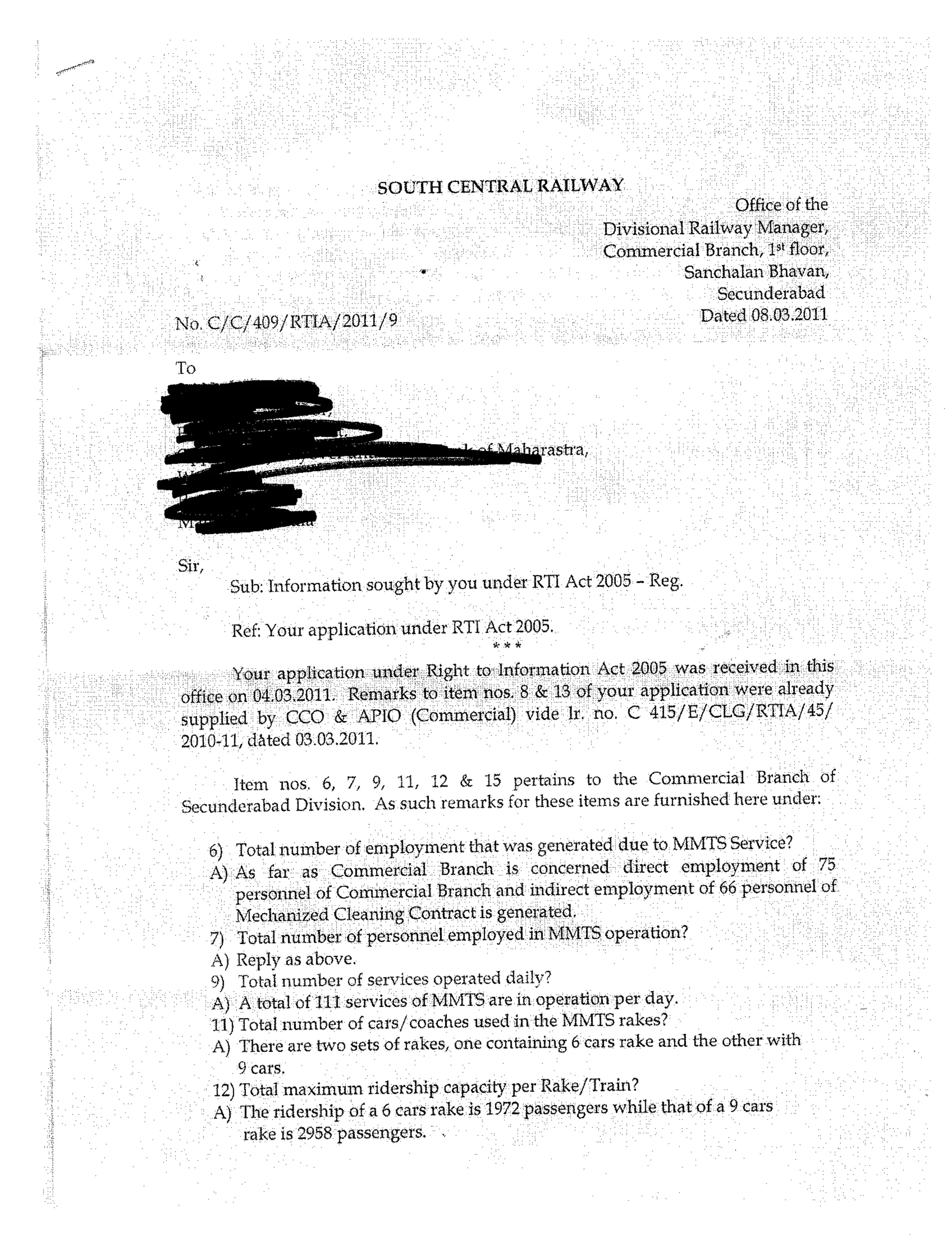 MMTS Hyderabad RTI Replies -V01 | PDF