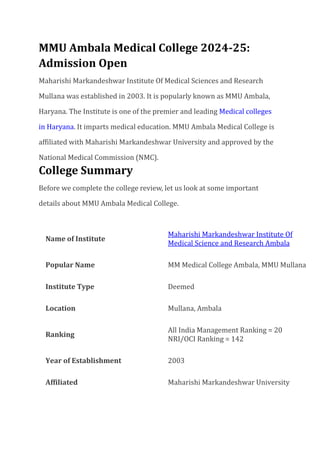 MMU Ambala Medical College 2024.docx | College Education | Education
