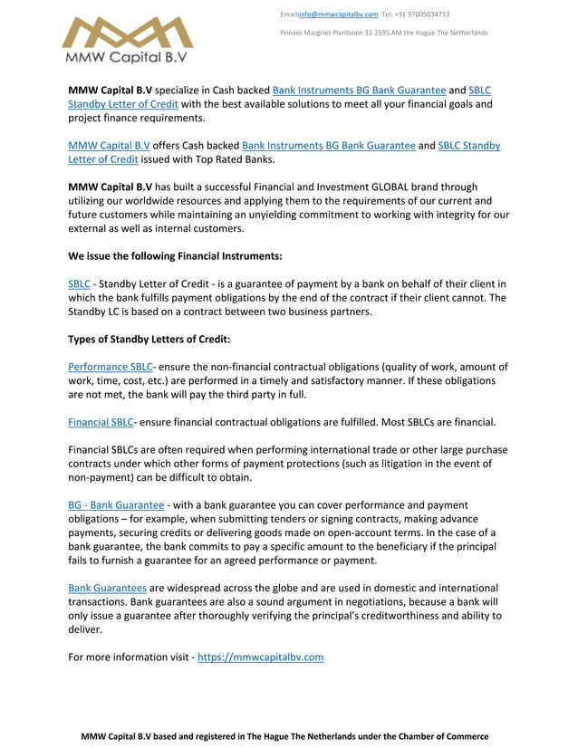 Mmw capital Sblc Monetization | PDF