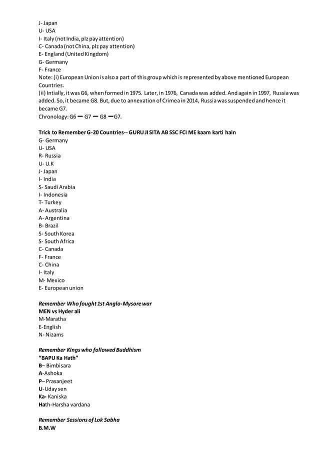 UPSC Mnemonic for quick revision | DOCX | Asia Travel | Travel Locations